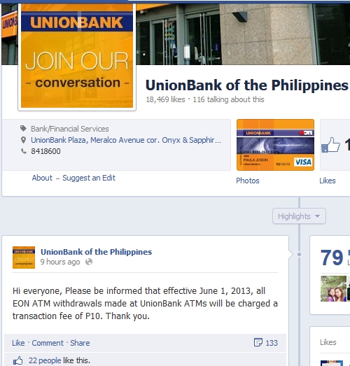 Unionbank EON will charge P10.00 on their own ATMs - LEVYousa